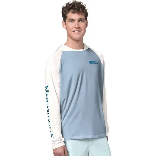 MARGARITAVILLE Cream Seattle Seahawks Sand, Sea, Sunsets Long-sleeve Rashguard Hoodie Pullover - Light Blue