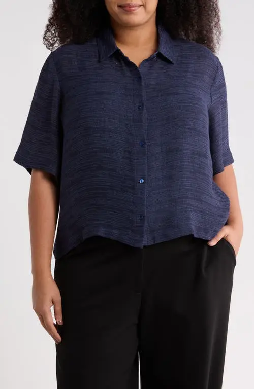 Eileen Fisher Classic Collar Elbow Sleeve Organic Linen Blend Button-up Shirt - Ink
