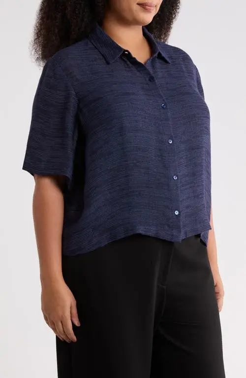 Eileen Fisher Classic Collar Elbow Sleeve Linen Blend Button-up Shirt - Ink