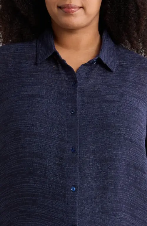 Eileen Fisher Classic Collar Elbow Sleeve Linen Blend Button-up Shirt - Ink