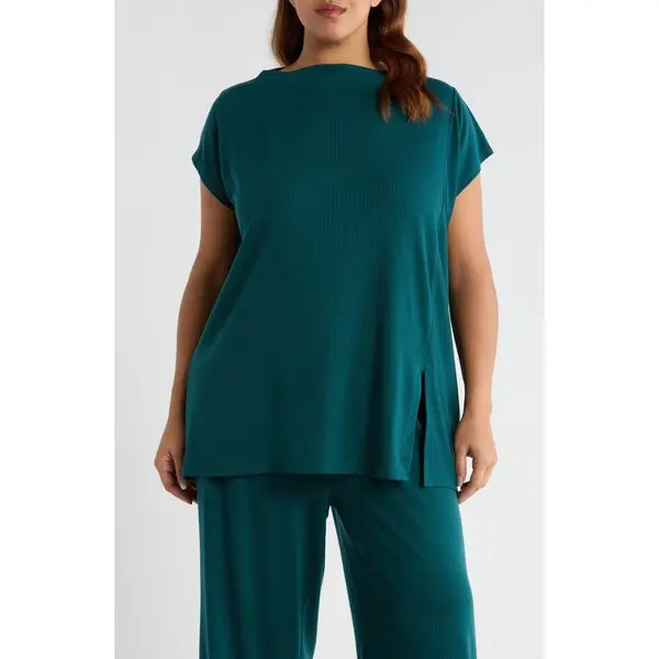 Eileen Fisher Rib Boxy Funnel Neck Top - Kelp