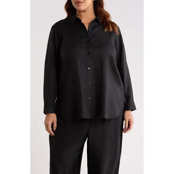 Eileen Fisher Classic Collar Organic Linen Long Button-up Shirt - Black