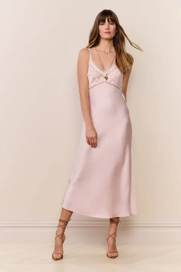 LoveShackFancy Annabeth Embroidered Satin Midi Dress - Tonal Blush