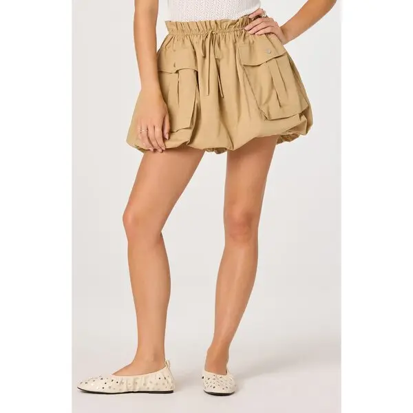 Astr The Label Rey Bubble Hem Drawstring Cotton Miniskirt - Khaki