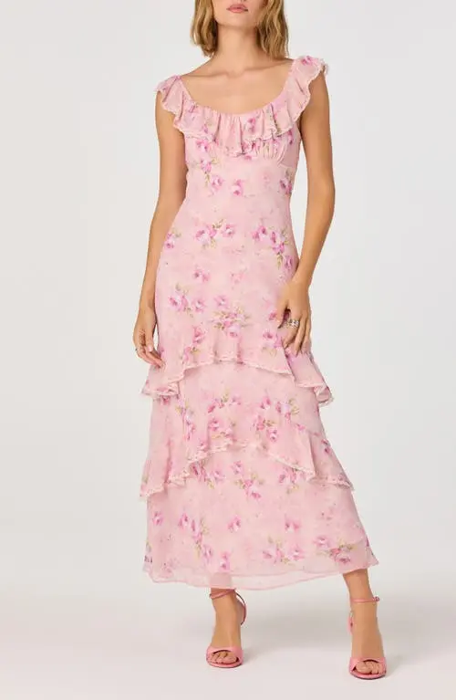 Astr The Label Laisha Floral Ruffle Trim Midi Dress - Pink Floral
