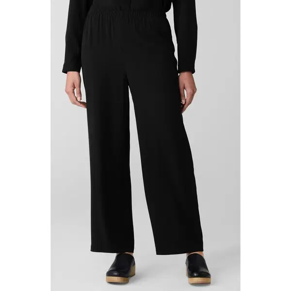 Eileen Fisher Ankle Wide Leg Silk Pants - Black