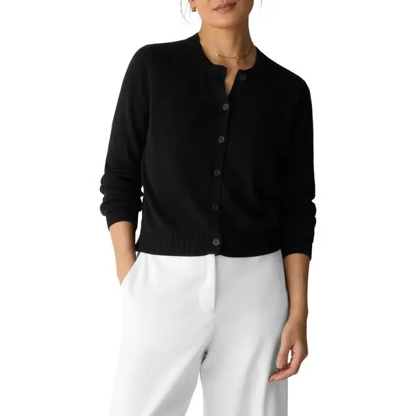 Eileen Fisher Crewneck Organic Cotton Blend Cardigan - Black