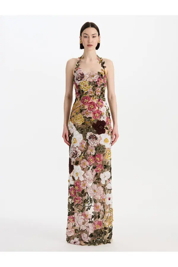 Oscar De La Renta Beaded Mixed Botanical Embroidered Halter Gown - Red