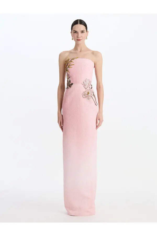 Oscar De La Renta Beaded Mixed Botanical Embroidered Column Gown - Red