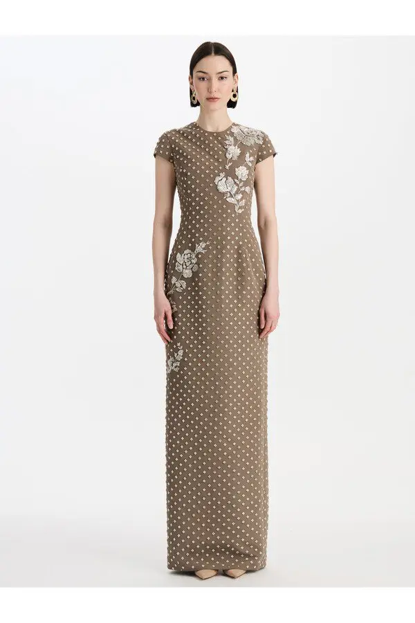 Oscar De La Renta Crystal Grid Embroidered Short Sleeve Gown - Floral