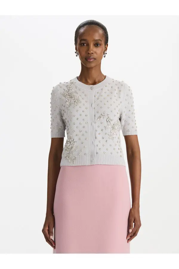 Oscar De La Renta Crystal Grid Embroidered Cardigan - Floral