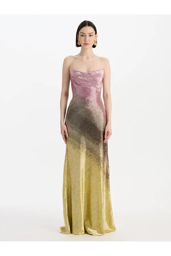 Oscar De La Renta Beaded Sequin Moiré Ombré Gown - Natural