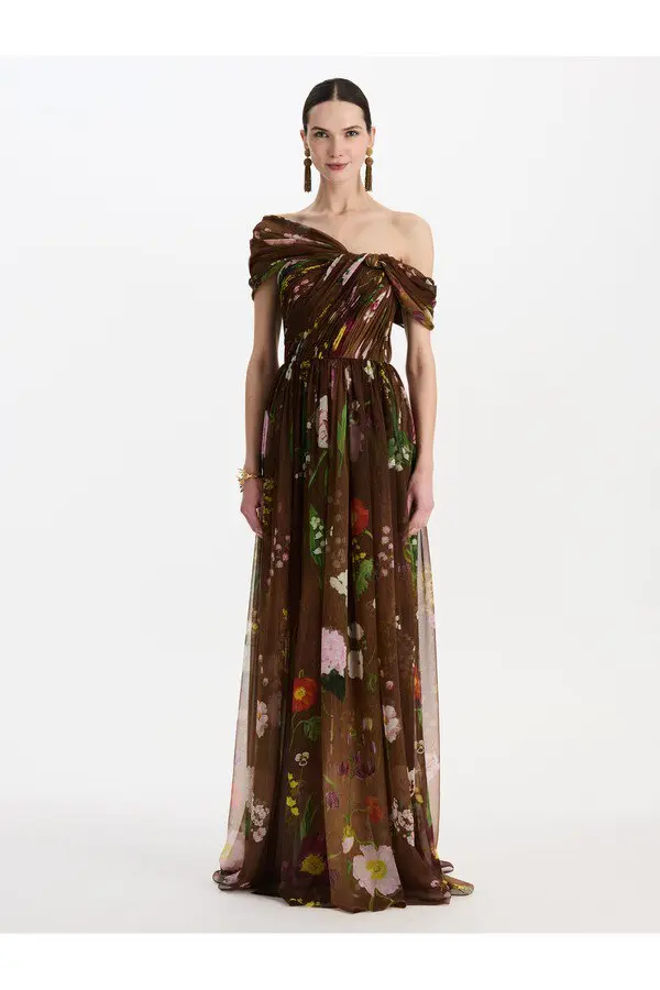 Oscar De La Renta Mixed Botanical Silk Chiffon Off-shoulder Gown - Natural