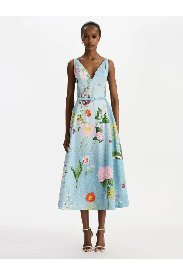 Oscar De La Renta Mixed Botanical Cotton Poplin Dress - Natural