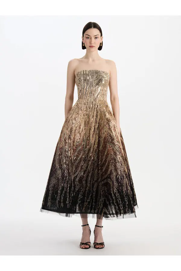 Oscar De La Renta Beaded Sequin Moiré Ombré Tea Length Gown - Natural