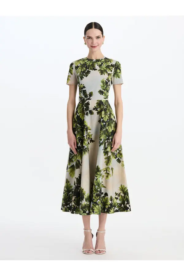 Oscar De La Renta Maple Leaves Cotton Poplin Dress - Natural