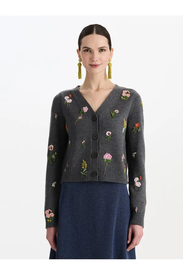 Oscar De La Renta Mini Mixed Botanical Threadwork V-neck Cardigan