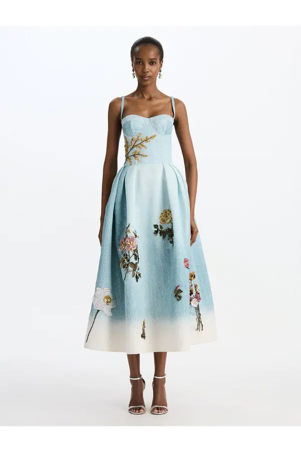 Oscar De La Renta Beaded Mixed Botanical Bustier Dress - Natural