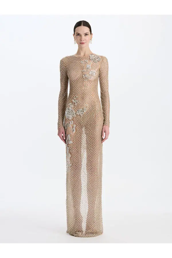 Oscar De La Renta Crystal Grid Embroidered Long Sleeve Gown - Floral