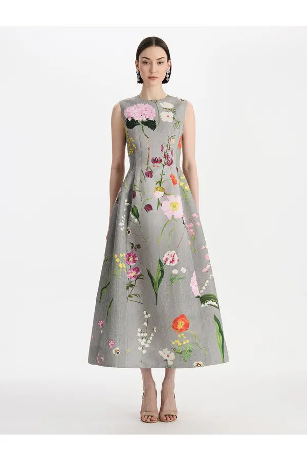 Oscar De La Renta Mixed Botanical Faille Cocktail Dress - Natural