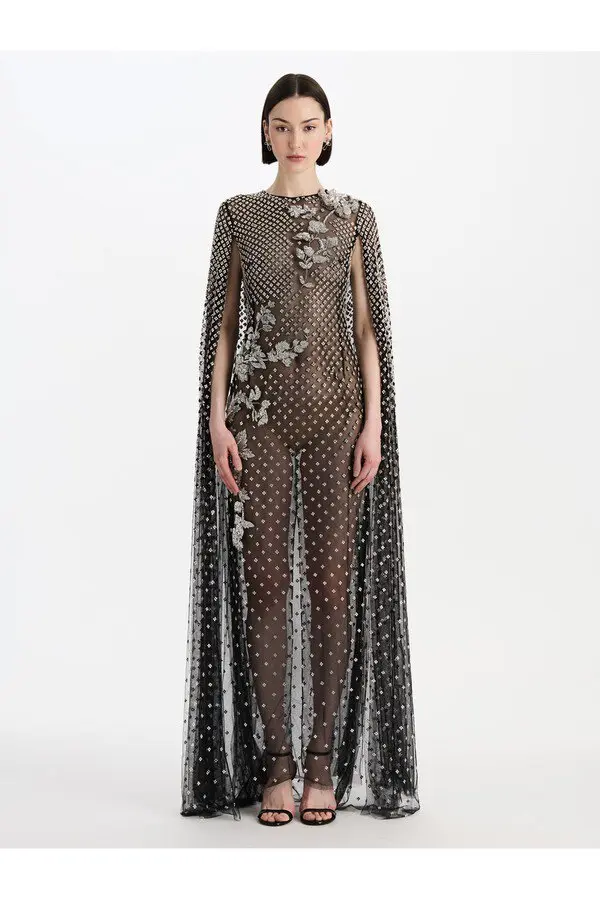 Oscar De La Renta Crystal Grid Embroidered Caftan - Floral