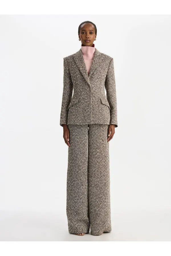Oscar De La Renta Slub Wool Tweed Collared Jacket