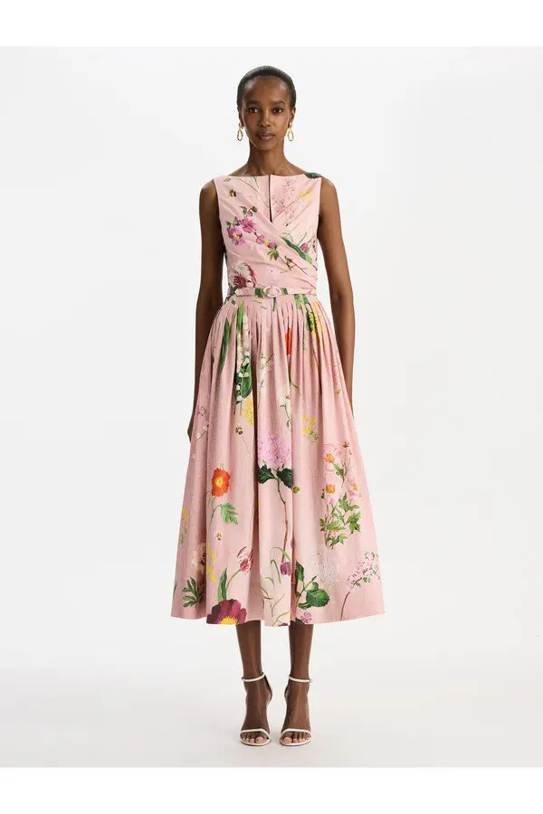 Oscar De La Renta Mixed Botanical Cotton Poplin Draped Dress - Natural
