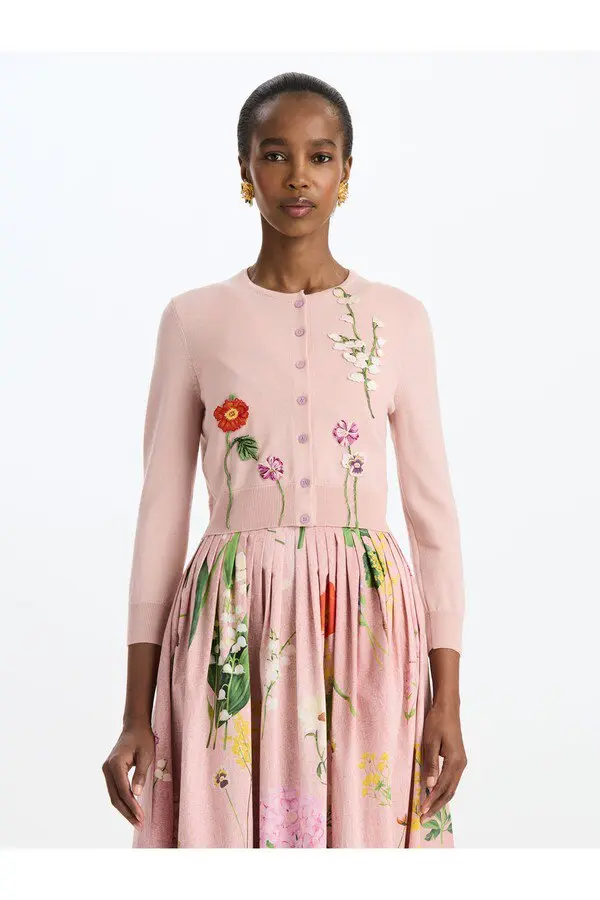 Oscar De La Renta Mixed Botanical Threadwork Cardigan - Natural