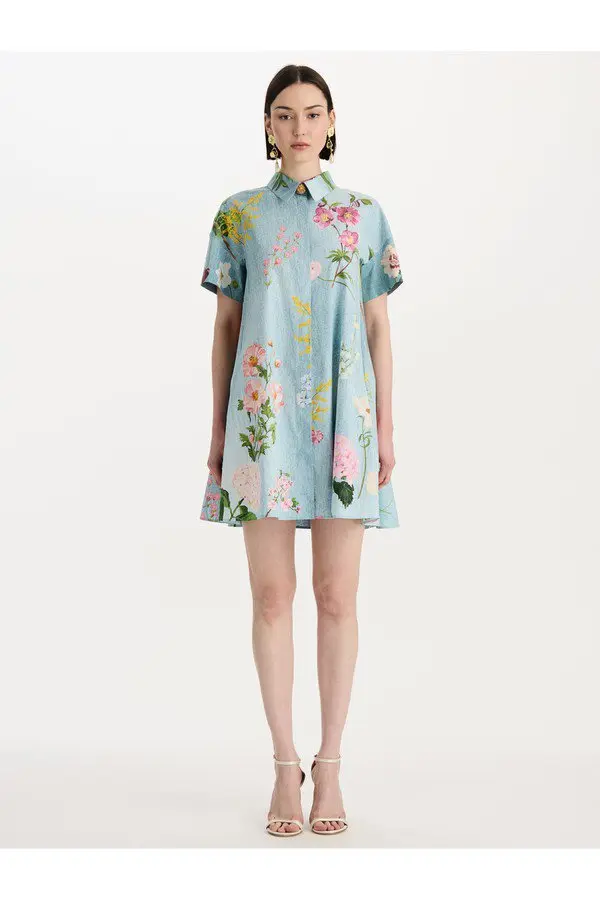 Oscar De La Renta Mixed Botanical Cotton Poplin Shift Dress - Natural