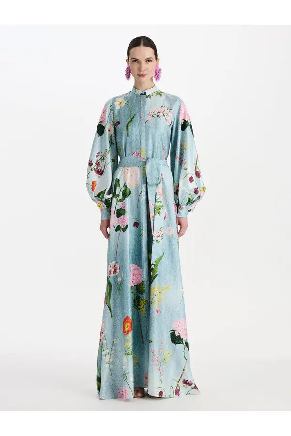 Oscar De La Renta Mixed Botanical Silk Twill Caftan - Natural