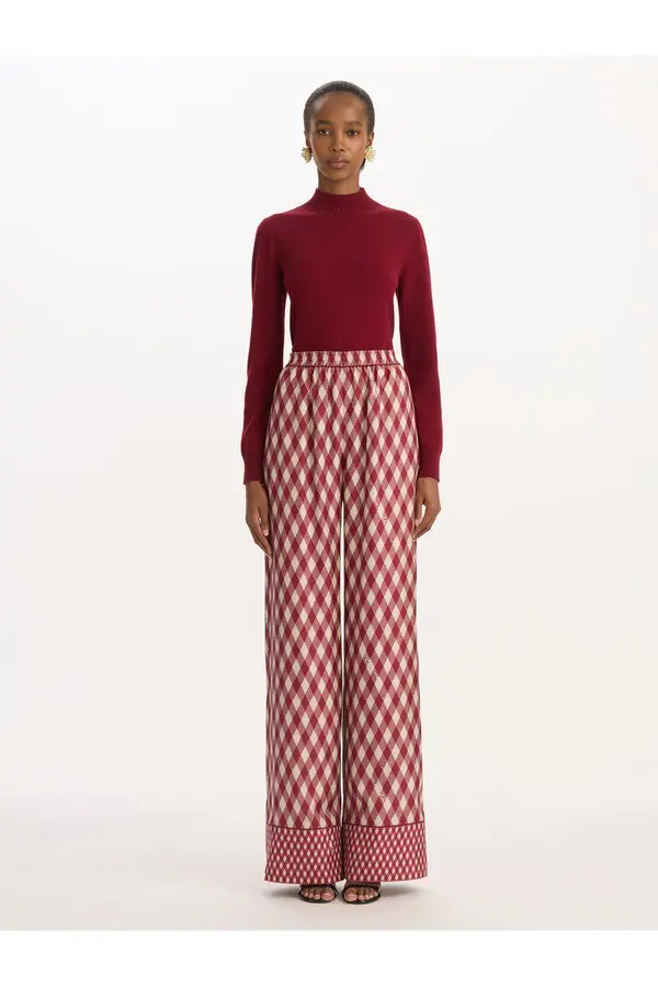 Oscar De La Renta Argyle Silk Twill Wide Leg Pant - Natural