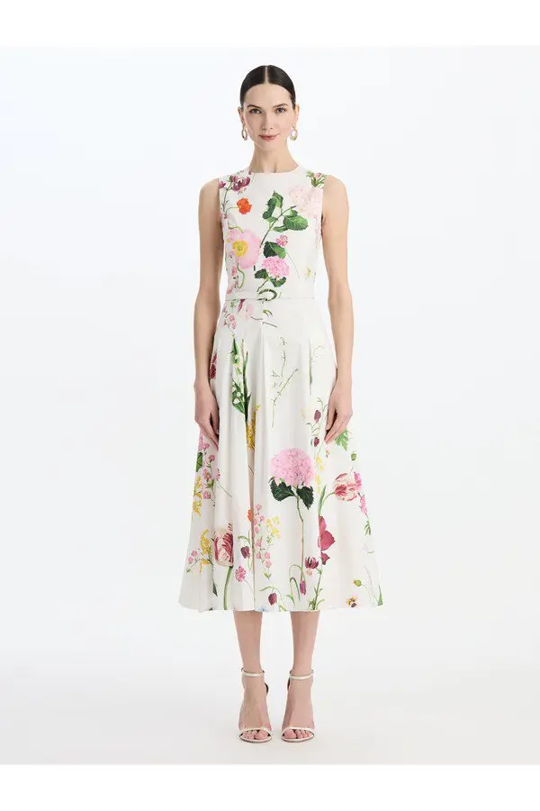Oscar De La Renta Mixed Botanical Cotton Poplin Sleeveless Dress - Natural