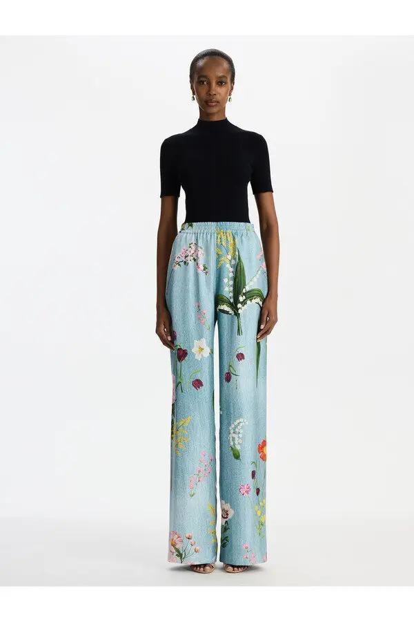 Oscar De La Renta Mixed Botanical Silk Twill Wide Leg Pant - Natural