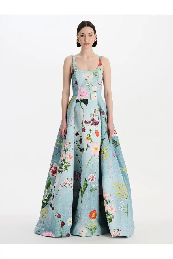 Oscar De La Renta Mixed Botanical Faille Gown - Natural