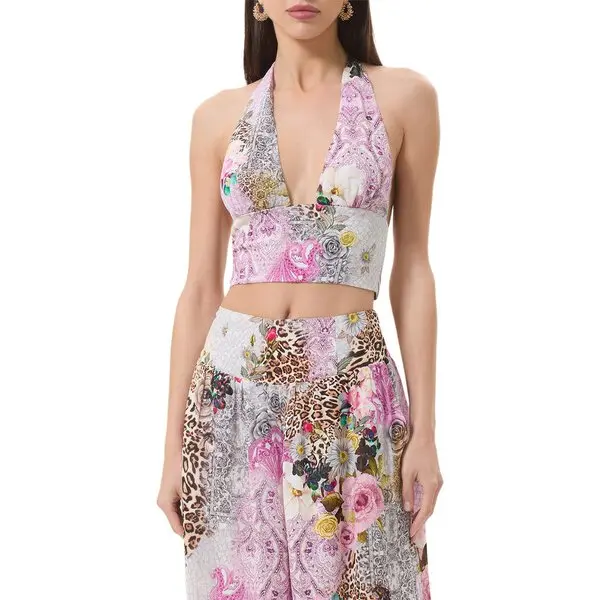 AFRM Sylas Mix Print Plunge Halter Neck Crop Top - Natural Patchwork