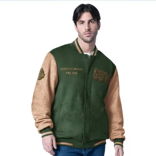 G-III SPORTS BY CARL BANKS Golden State Warriors Infielder Faux Suede Full-zip Varsity Jacket - Olive