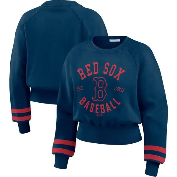 WEAR BY ERIN ANDREWS Boston Red Sox Vintage Washed Cropped Pullover Sweatshirt - Navy