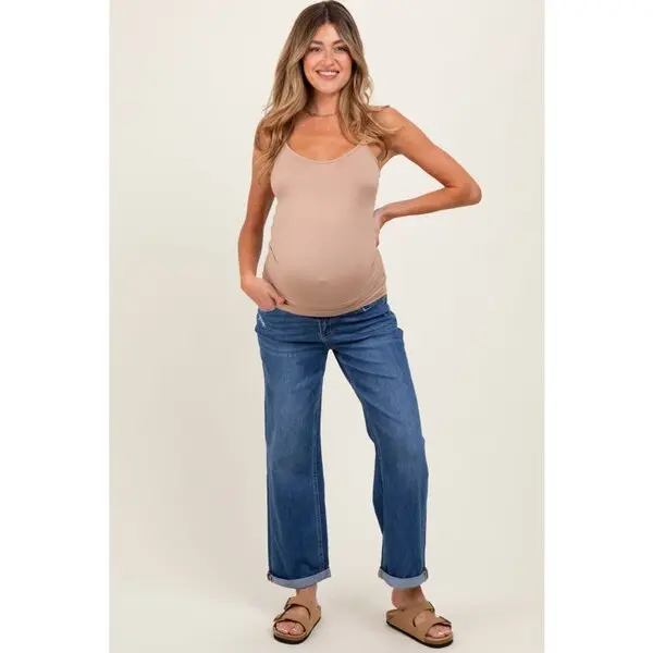 PINKBLUSH Cuffed Hem Wide Leg Cropped Maternity Jeans - Navy Blue
