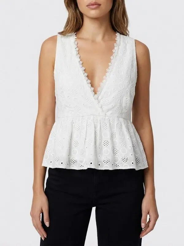 Pinko Eyelet Lace V-neck Peplum Top - White