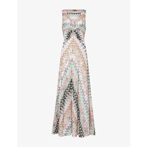 Missoni V-neck Sleeveless Chevron Knit Maxi Dress - White Pink Light Blue