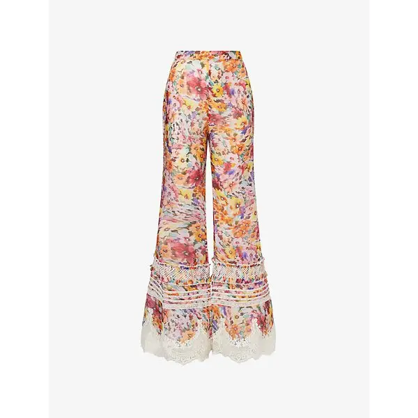 Zimmermann Luna Shirred Flare Linen-silk Trousers - Multi Floral