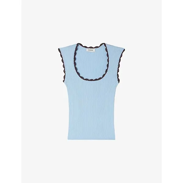 Sandro Ribbed Crochet-embroidered Knitted Top - Sky Blue