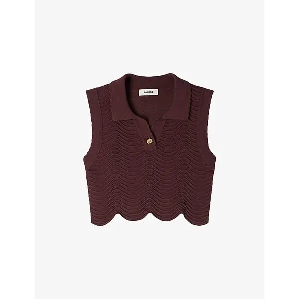 Sandro Cropped Button-neck Stretch-knit Top - Brown