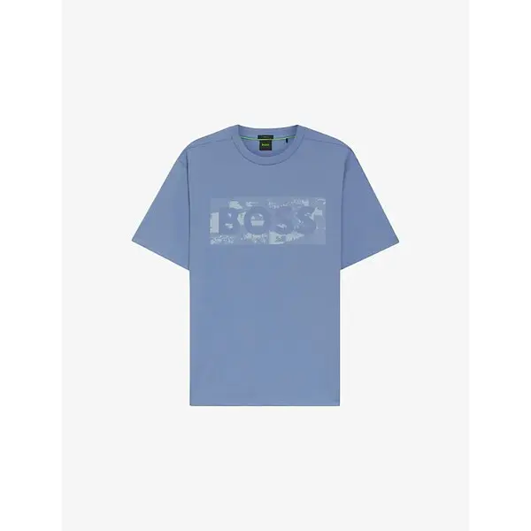 BOSS Brand-print Regular-fit Stretch-cotton T-shirt - Light/pastel Blue