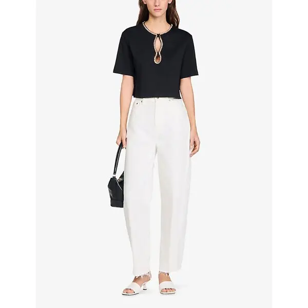 Sandro Cropped Rhinestone-embellished T-shirt