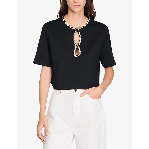 Sandro Cropped Rhinestone-embellished T-shirt
