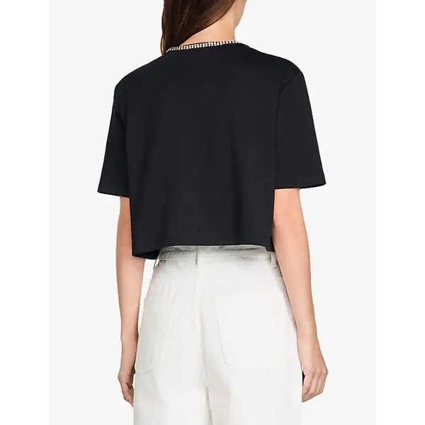 Sandro Cropped Rhinestone-embellished T-shirt