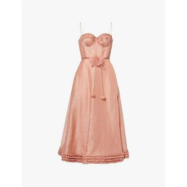 Zimmermann Luna Ruffle Linen-silk Midi Dress - Peony