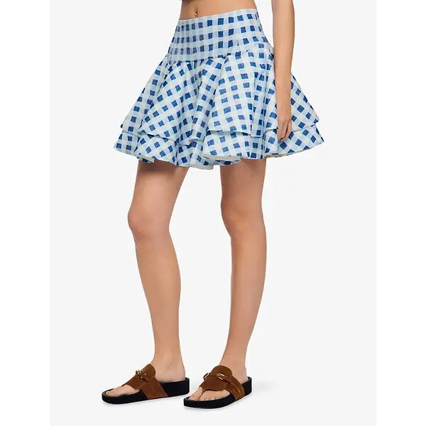 Sandro Short Gingham-print Linen Mini Skirt