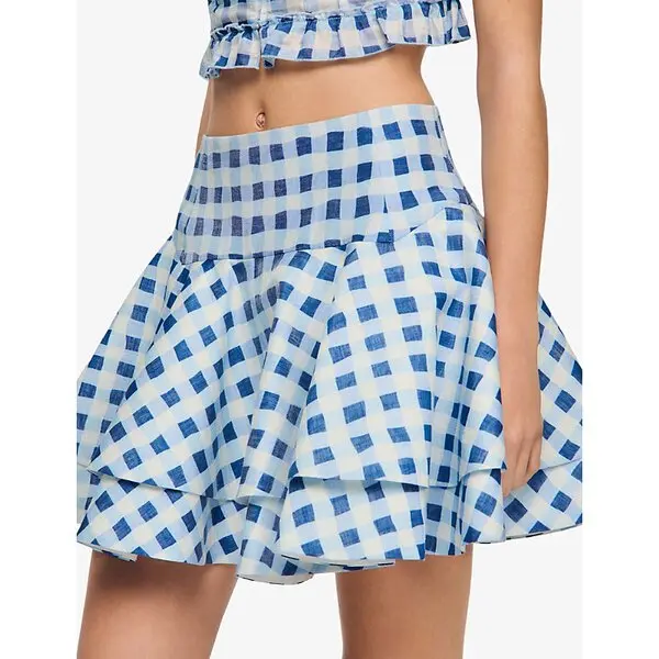 Sandro Short Gingham-print Linen Mini Skirt